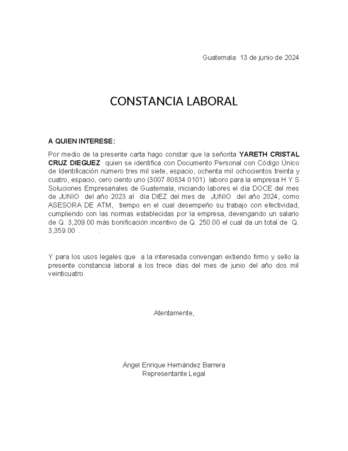 Constancia Laboral de Yareth Cruz Dieguez - Ejemplo 2024 - Studocu