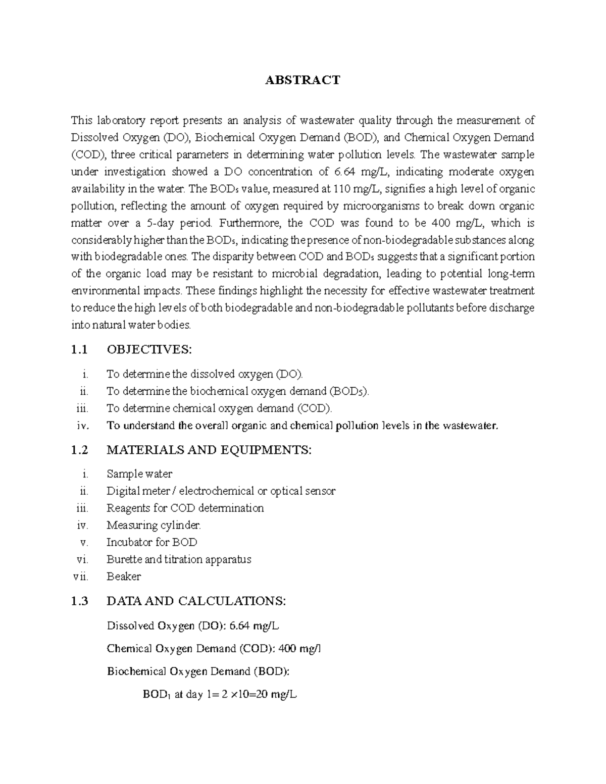 Wastewater Quality Analysis: DO, BOD, and COD Test Results (Lab Report ...