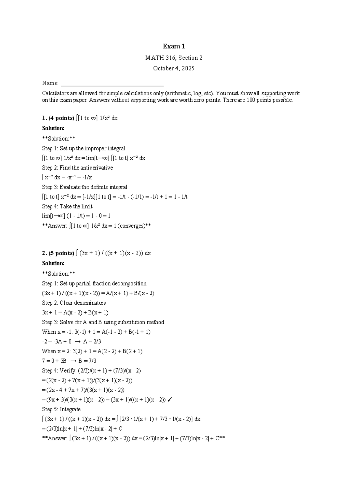 MATH 316 Exam 1 Solutions - Section 2, October 4, 2025 - Studocu