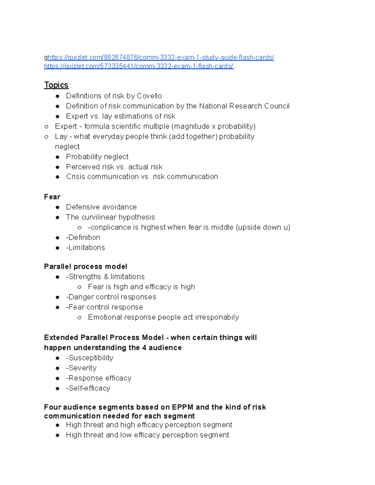 COMM 3332 Exam 1 Study Guide: Understanding Risk Communication - Studocu