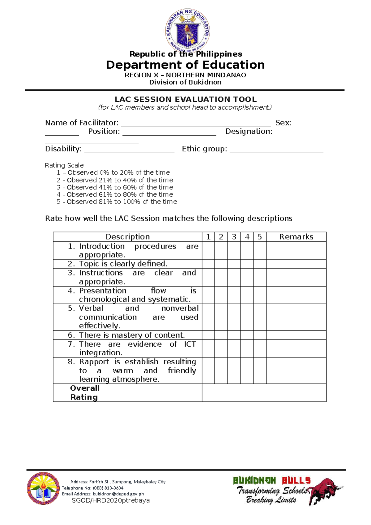 LAC Session Evaluation Tool for Facilitators - Philippines - Studocu
