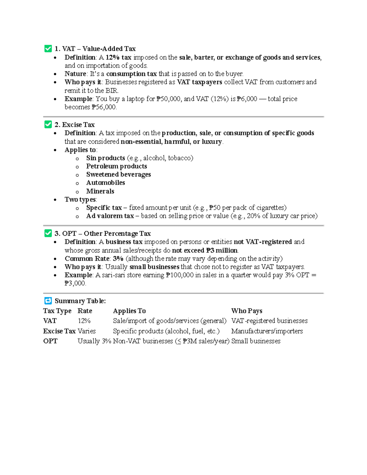 Bus Tax Overview: VAT, Excise, and OPT Explained - CPA - Studocu