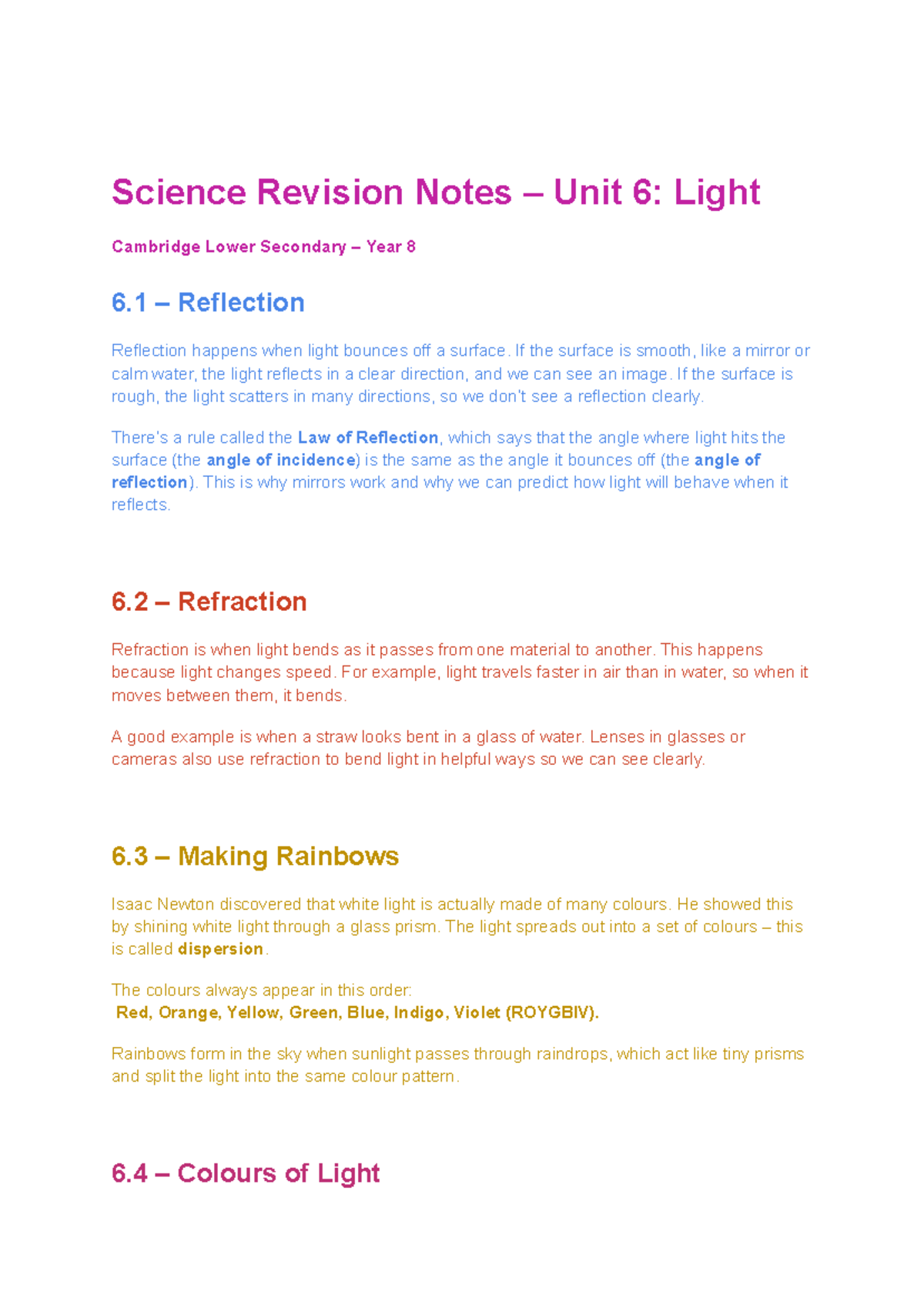 Science Revision Notes: Unit 6 - Light (Cambridge Lower Secondary Y8 ...