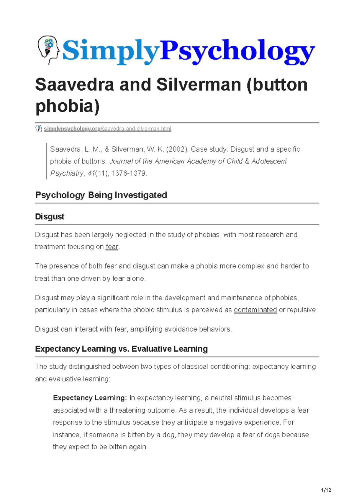 Saavedra & Silverman (2002) Case Study: Disgust in Button Phobia - Studocu