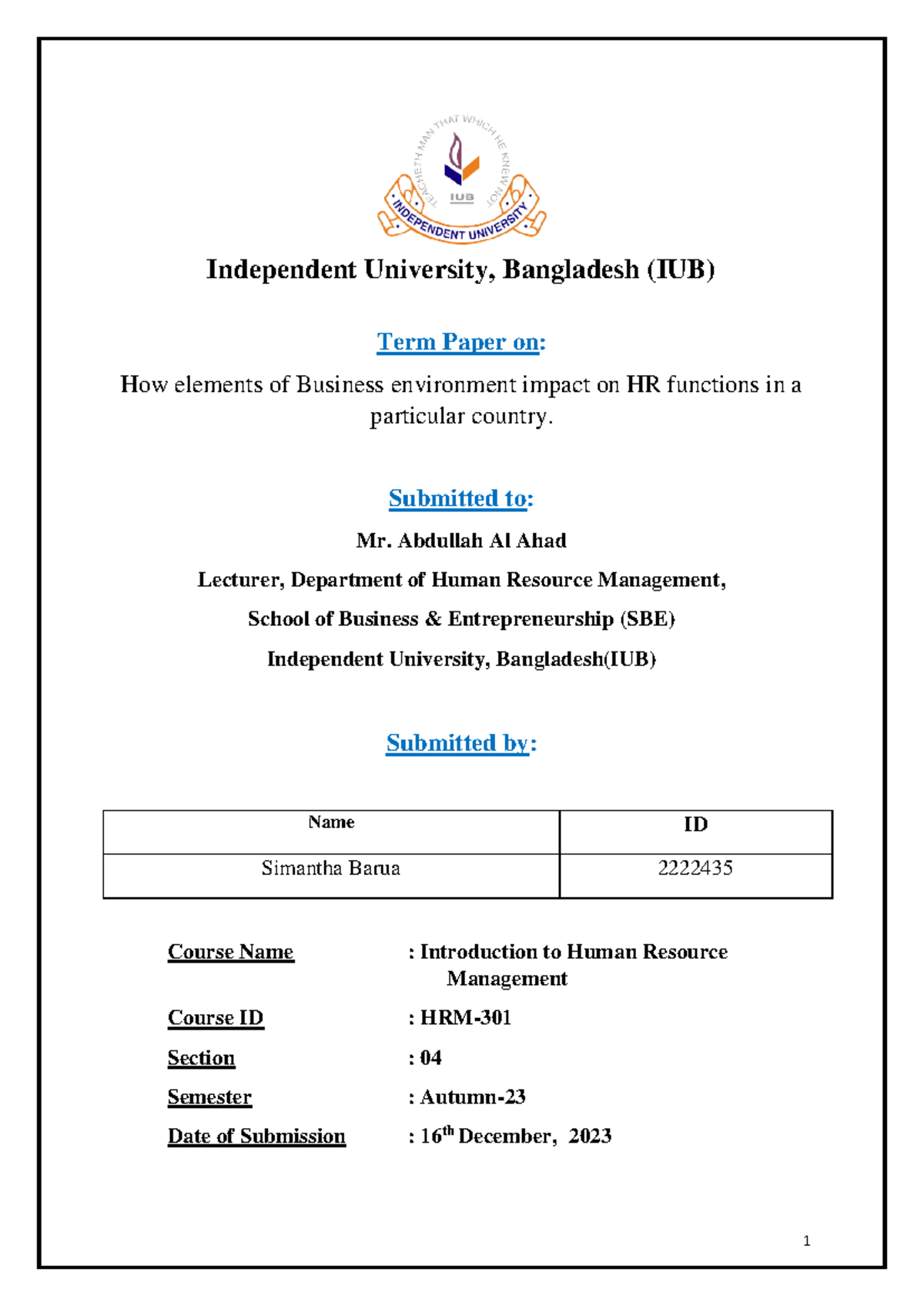 Hrm301final individual - Independent University, Bangladesh (IUB) Term ...