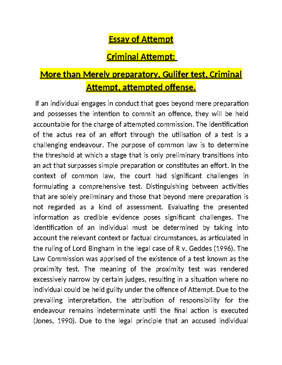 Criminal Attempt Essay Analysis and Legal Perspectives (LAW101) - Studocu