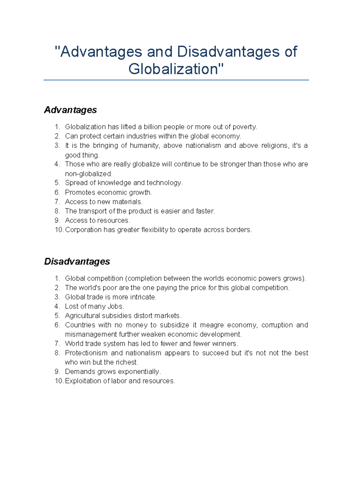 Advantages and Disadvantages of Globalization - "Advantages and ...