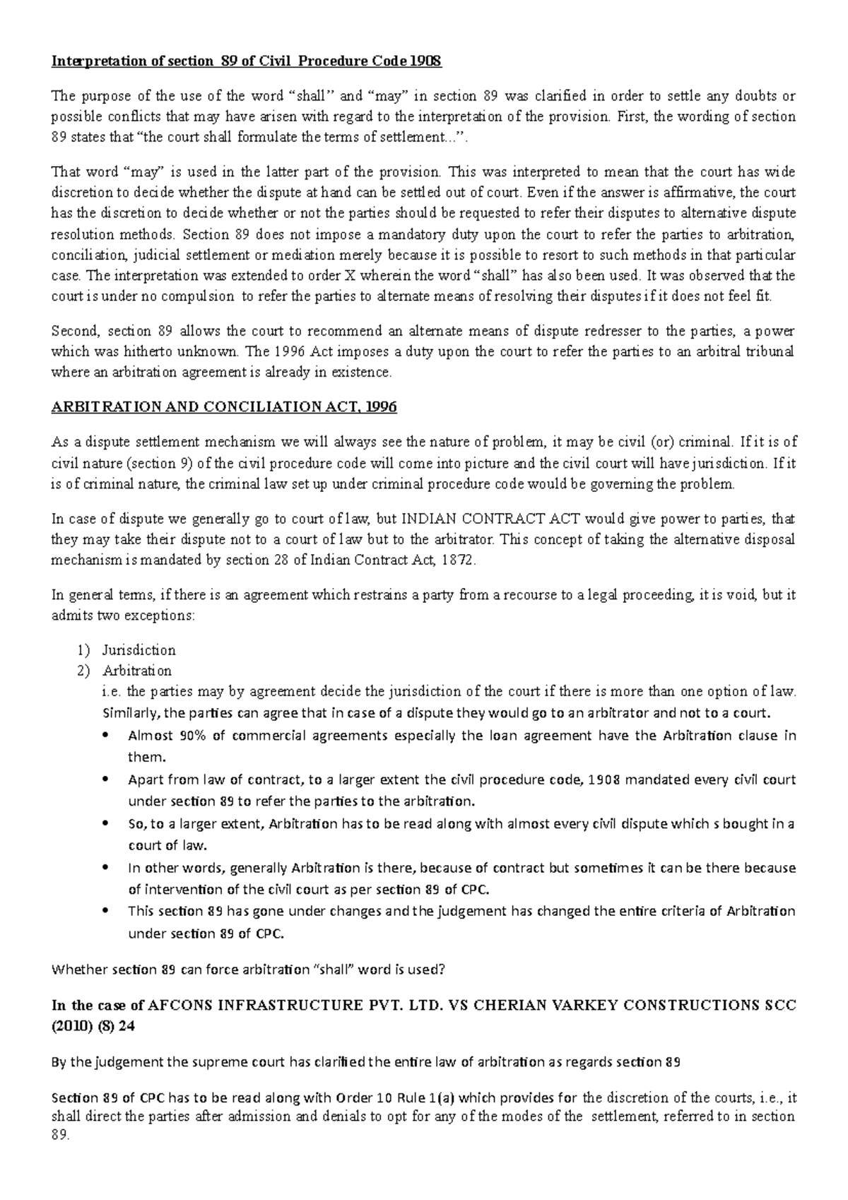 Unit 3 Arbitration Notes: Interpretation of Section 89, CPC 1908 - Studocu