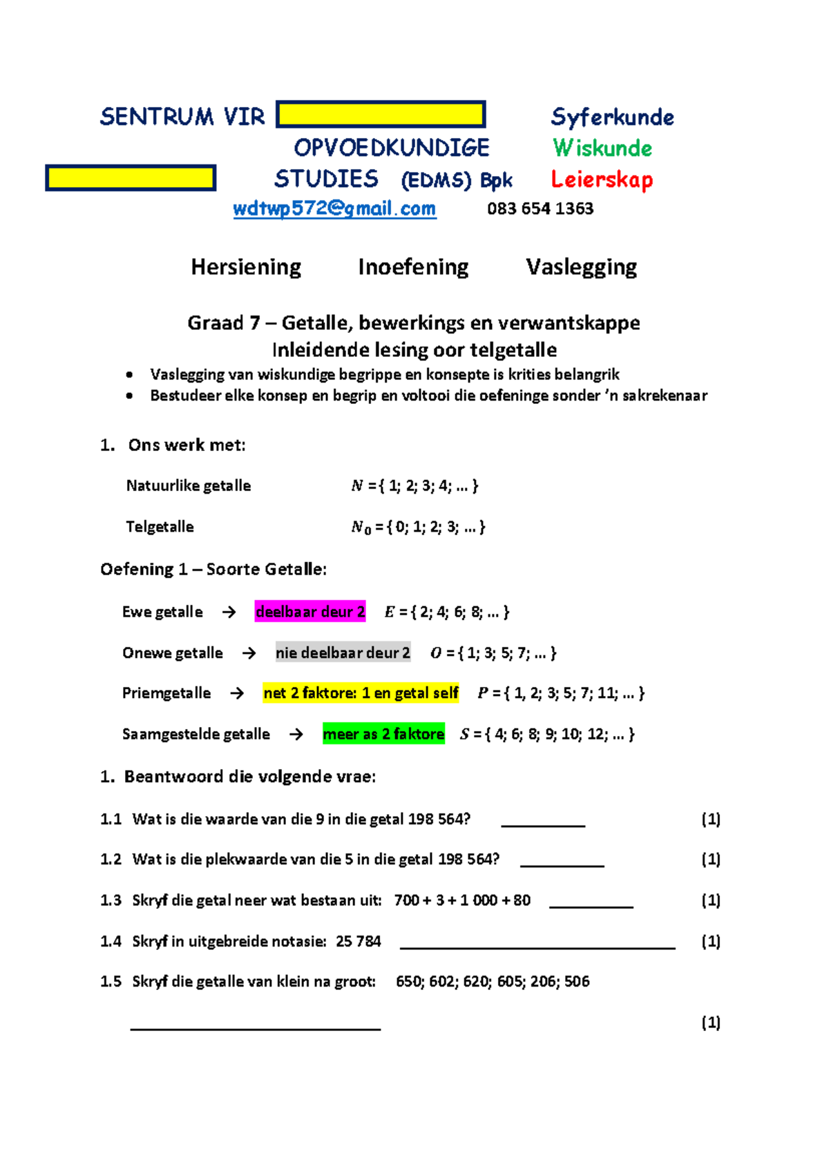 LA Hersiening Inoefening - Graad 7 Telgetalle & Wiskunde (EDMS) - Studocu