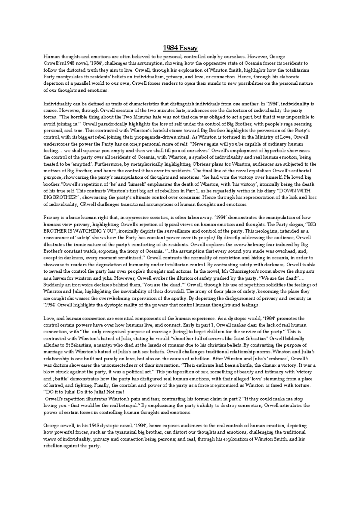 1984 Essay: Exploring Individuality, Privacy, and Connection in Orwell ...