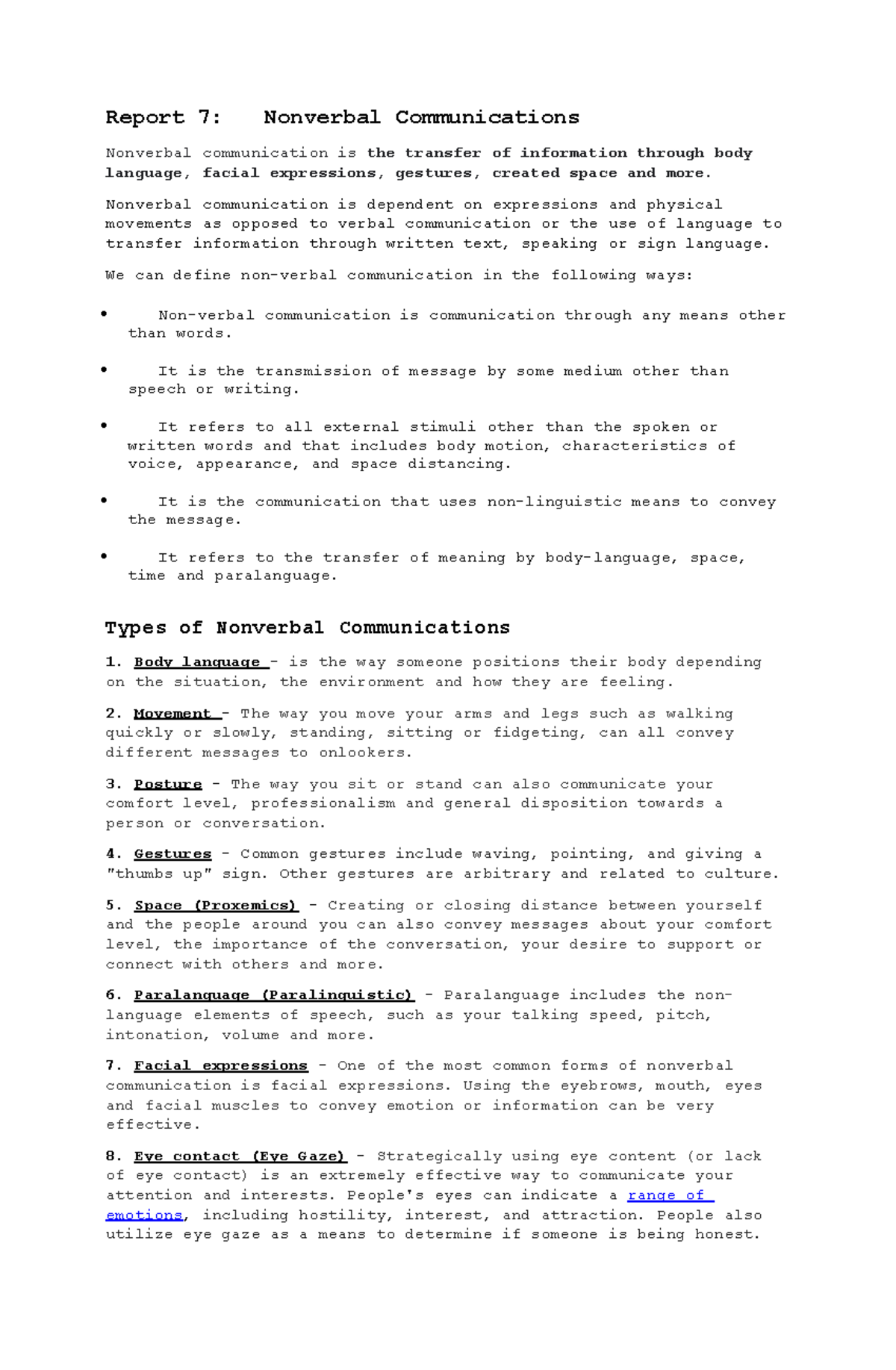 Nonverbal Communication - Report 7: Nonverbal Communications Nonverbal ...