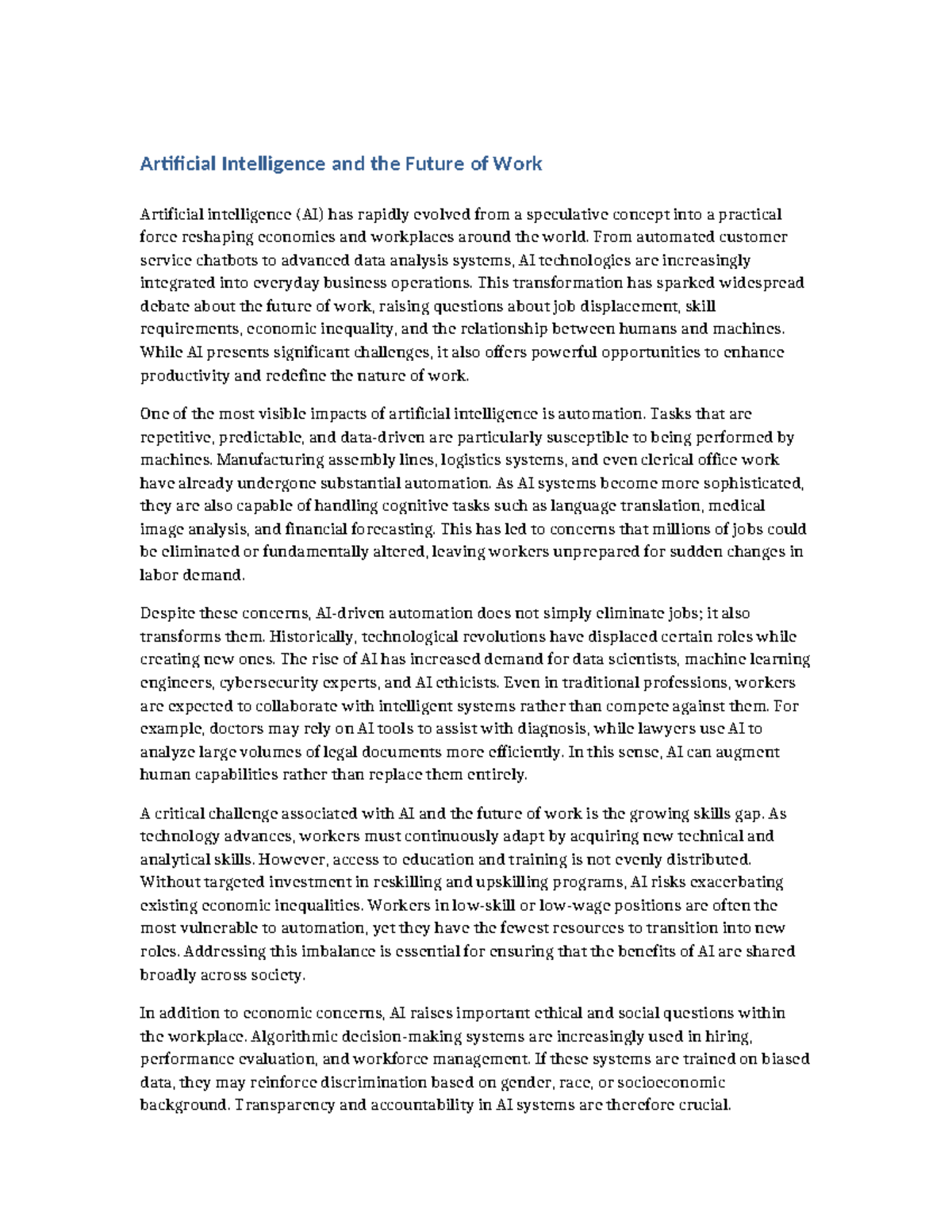 AI and Future of Work: Challenges and Opportunities Essay - Studocu