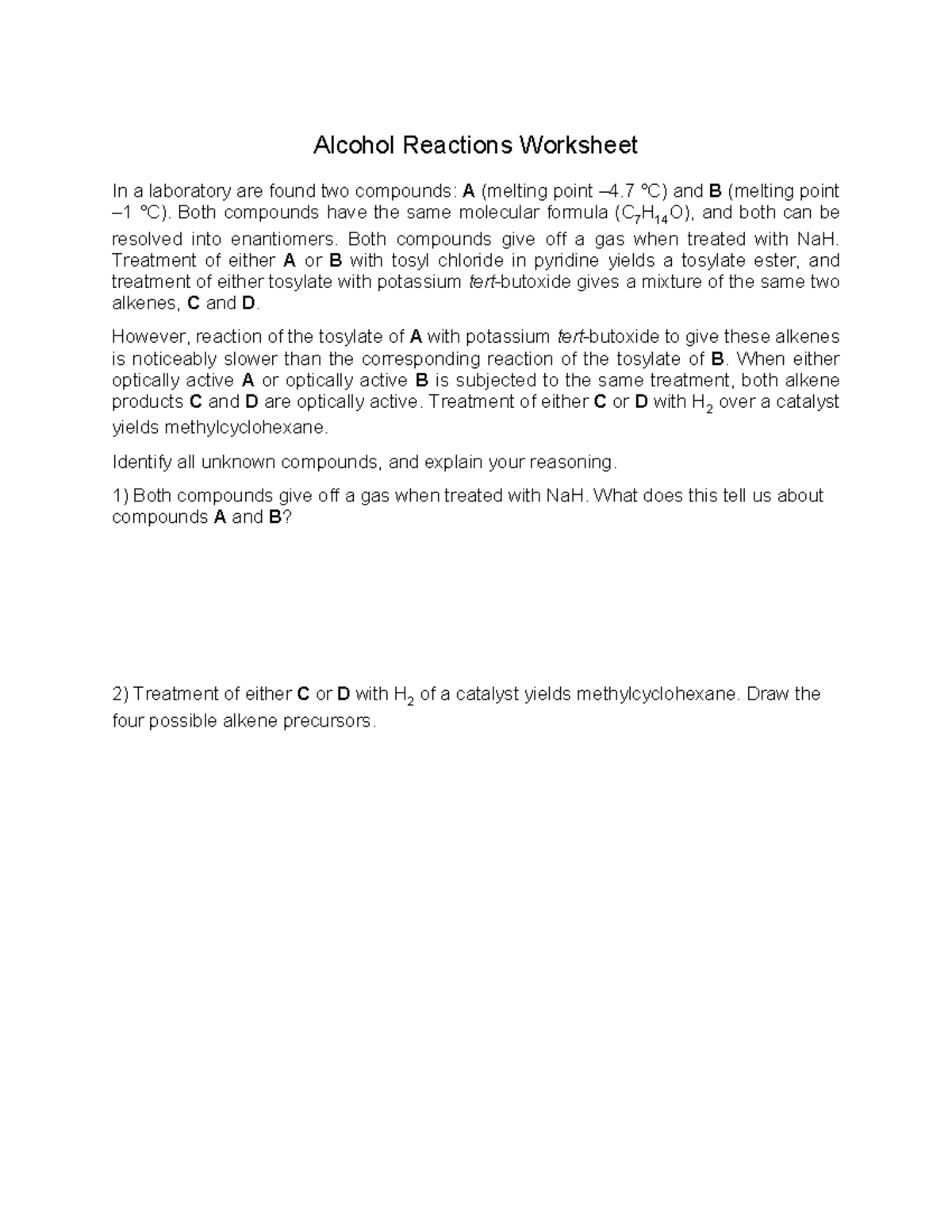 Alcohol Reactions Extra Credit Worksheet: Identifying Compounds A & B ...