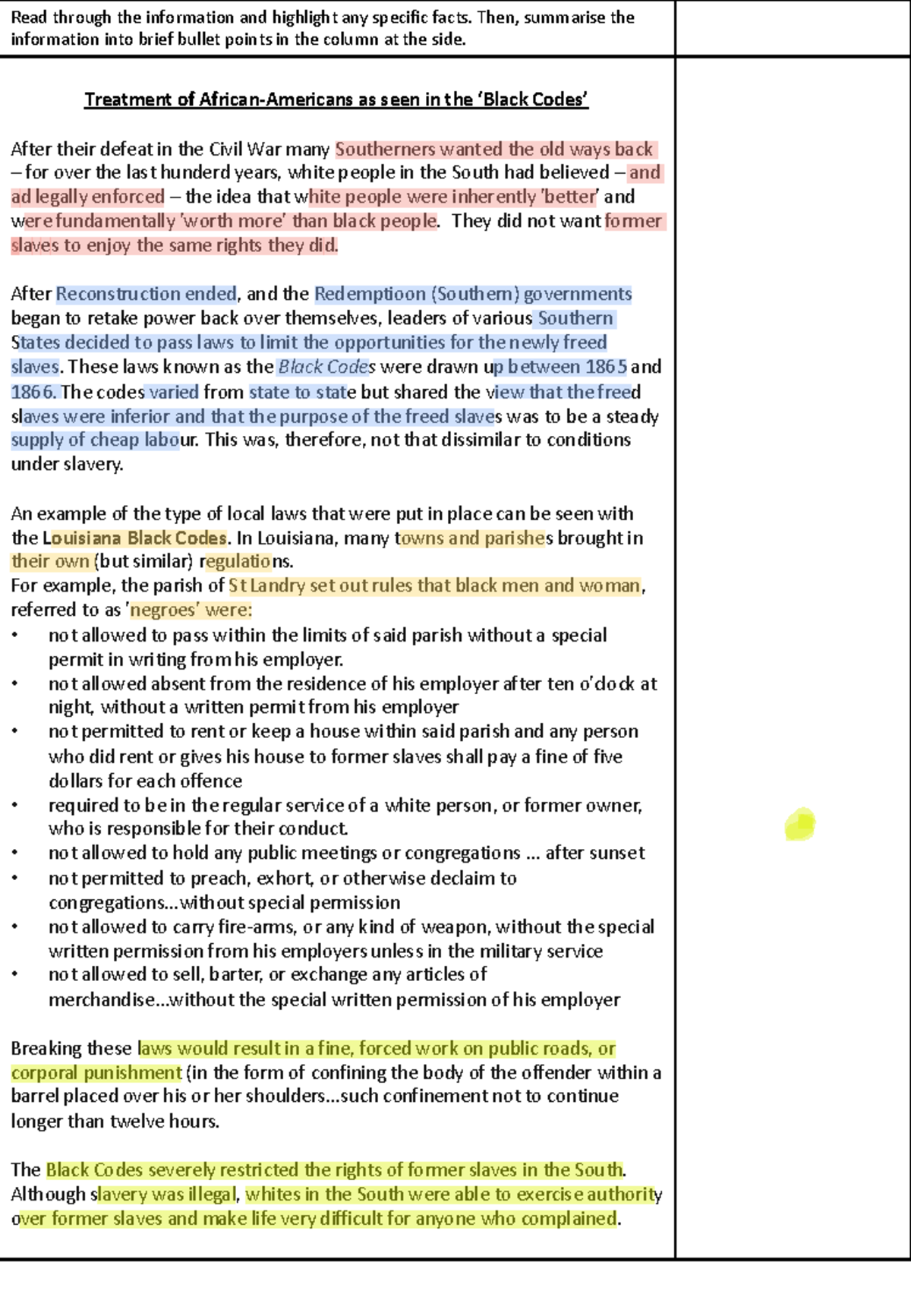 L2 Black Codes Reading - Revision Notes on Post-Civil War Laws - Studocu