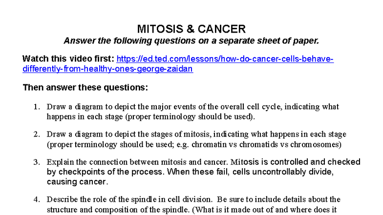 MITOSIS & CANCER: Key Concepts & Treatments (BIO101) - Studocu