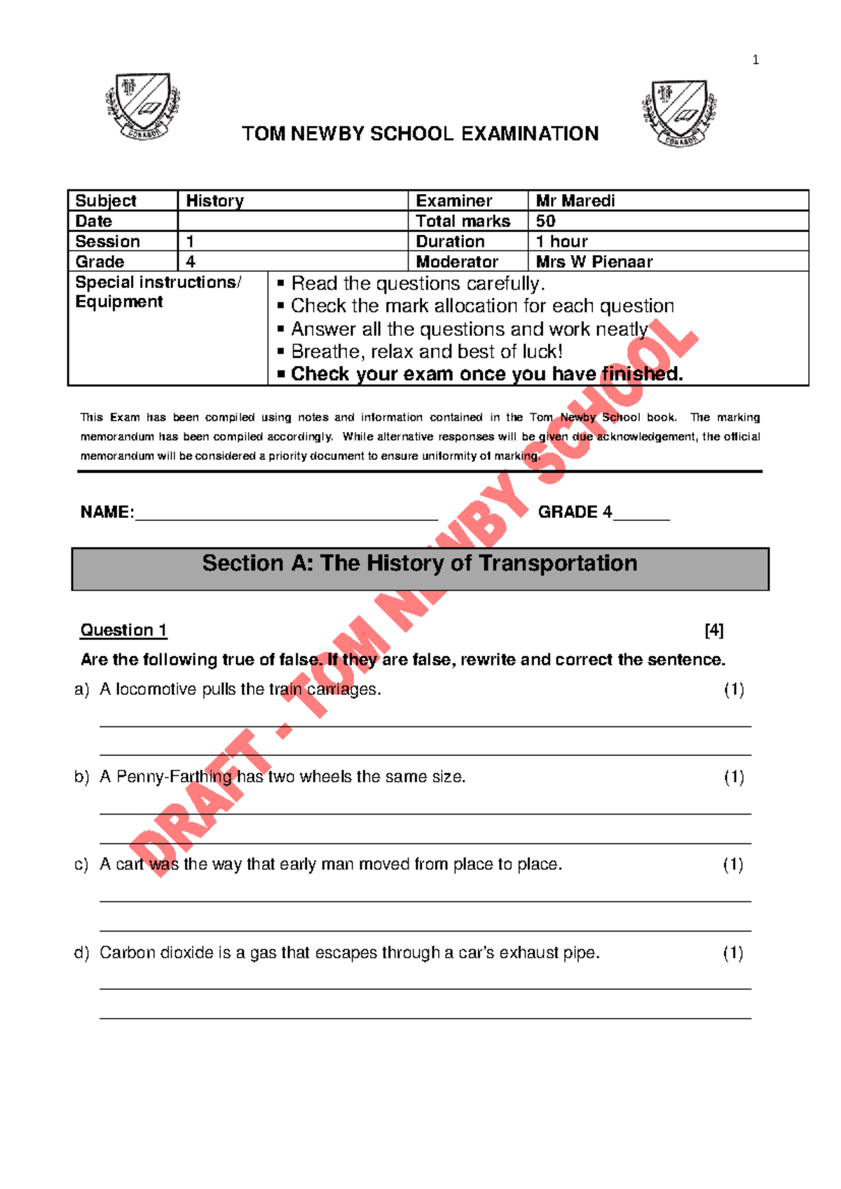 Grade 4 History Exam Nov 2018 - Tom Newby School - Studocu