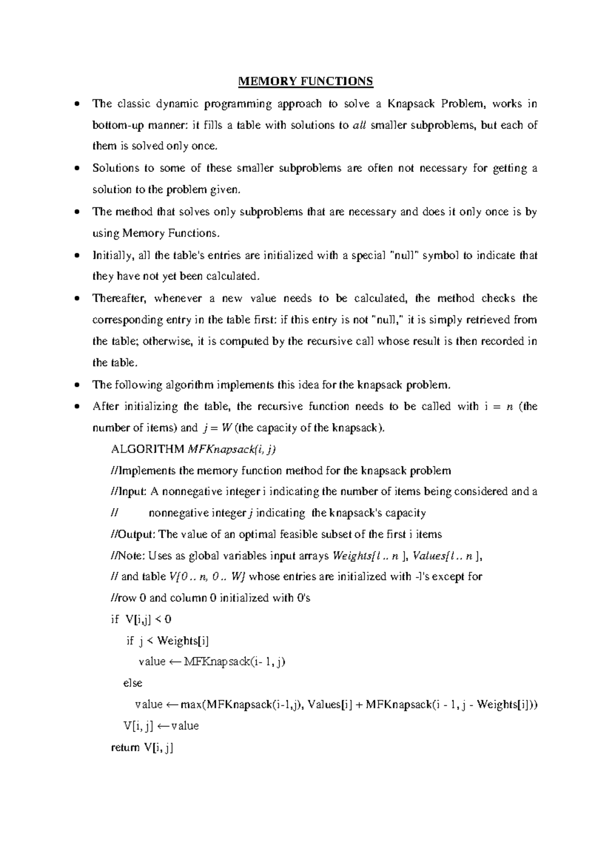 Memory Functions: Dynamic Programming for Knapsack Problem - Studocu