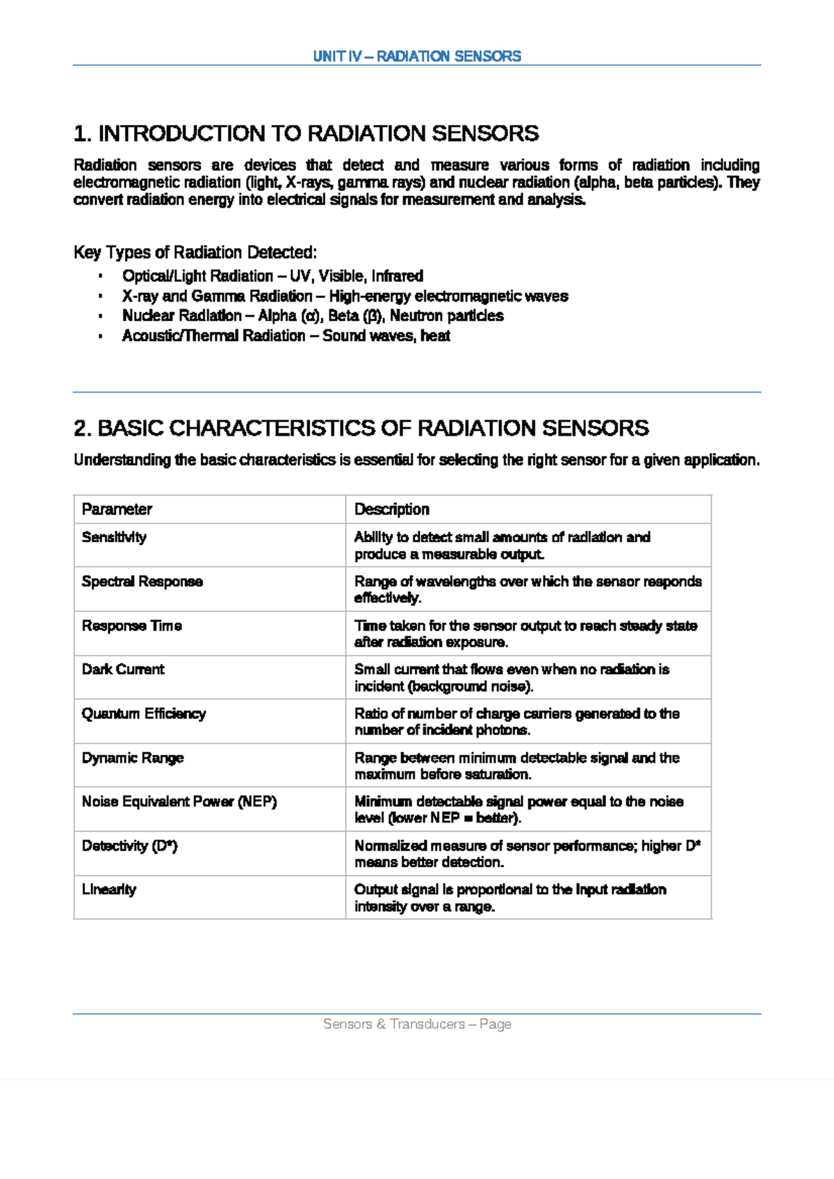 Unit IV Radiation Sensors - Comprehensive Study Notes - Studocu