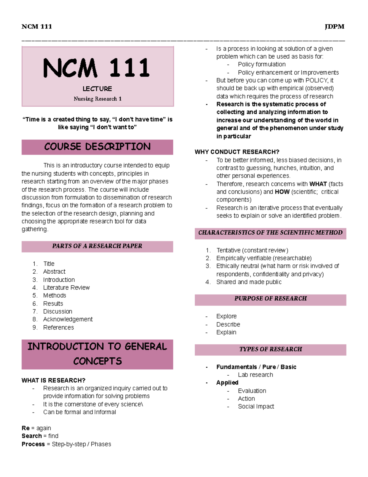 NCM-111 - Nursing Research 1 Lecture Notes and Overview - Studocu