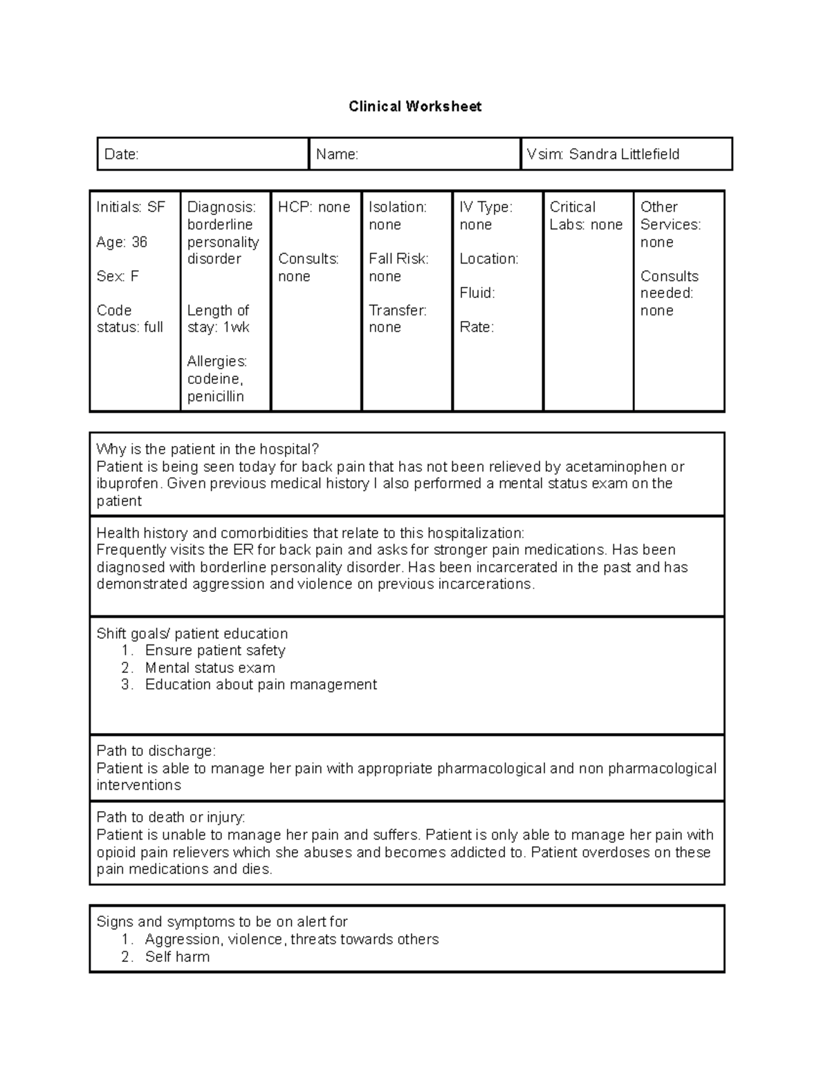 Sandra Littlefield Clinical Worksheet - Patient Assessment & Care Plan ...