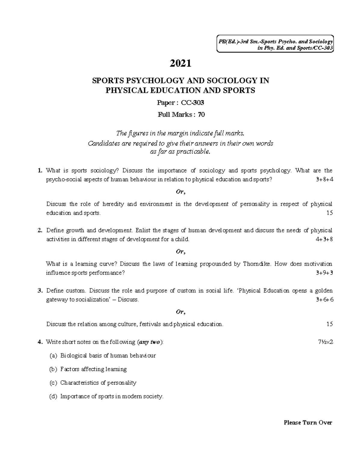 CC-303 Sports Psychology & Sociology QP - BPED Sem-3 2021 - Studocu