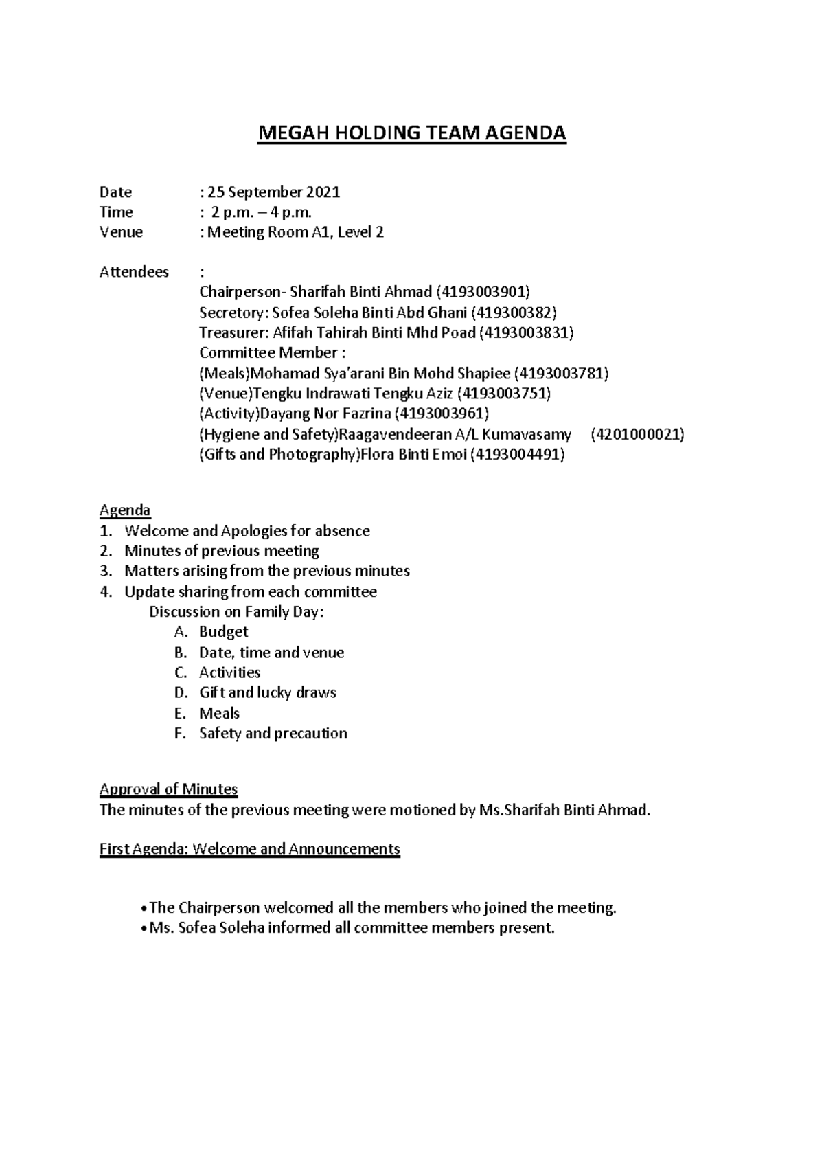 Group 2 Mock Meeting Agenda - Family Day Planning - Studocu