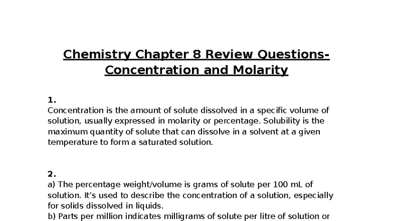 Chemistry CH8 Review: Concentration & Molarity Concepts - Studocu