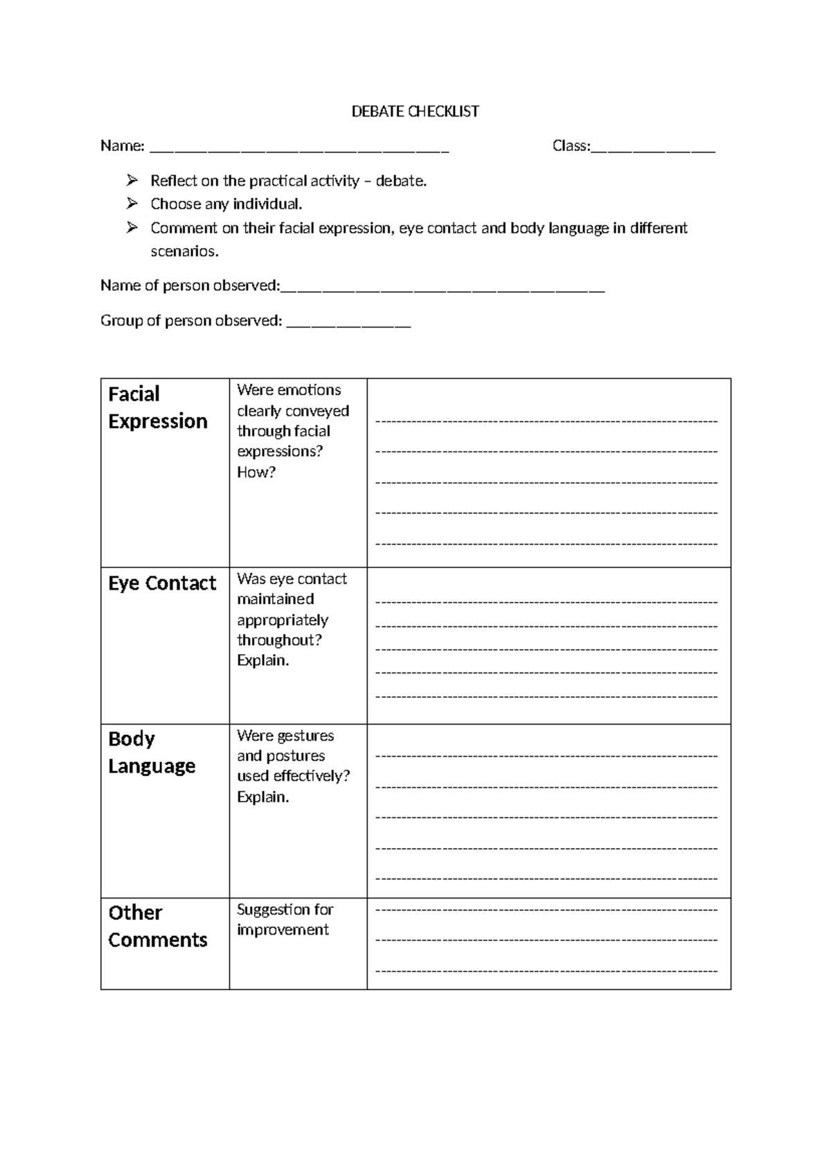 Debate Checklist - ACTIVITIES TO CARRY OUT DURING LECTURES/TUTORIAL ...
