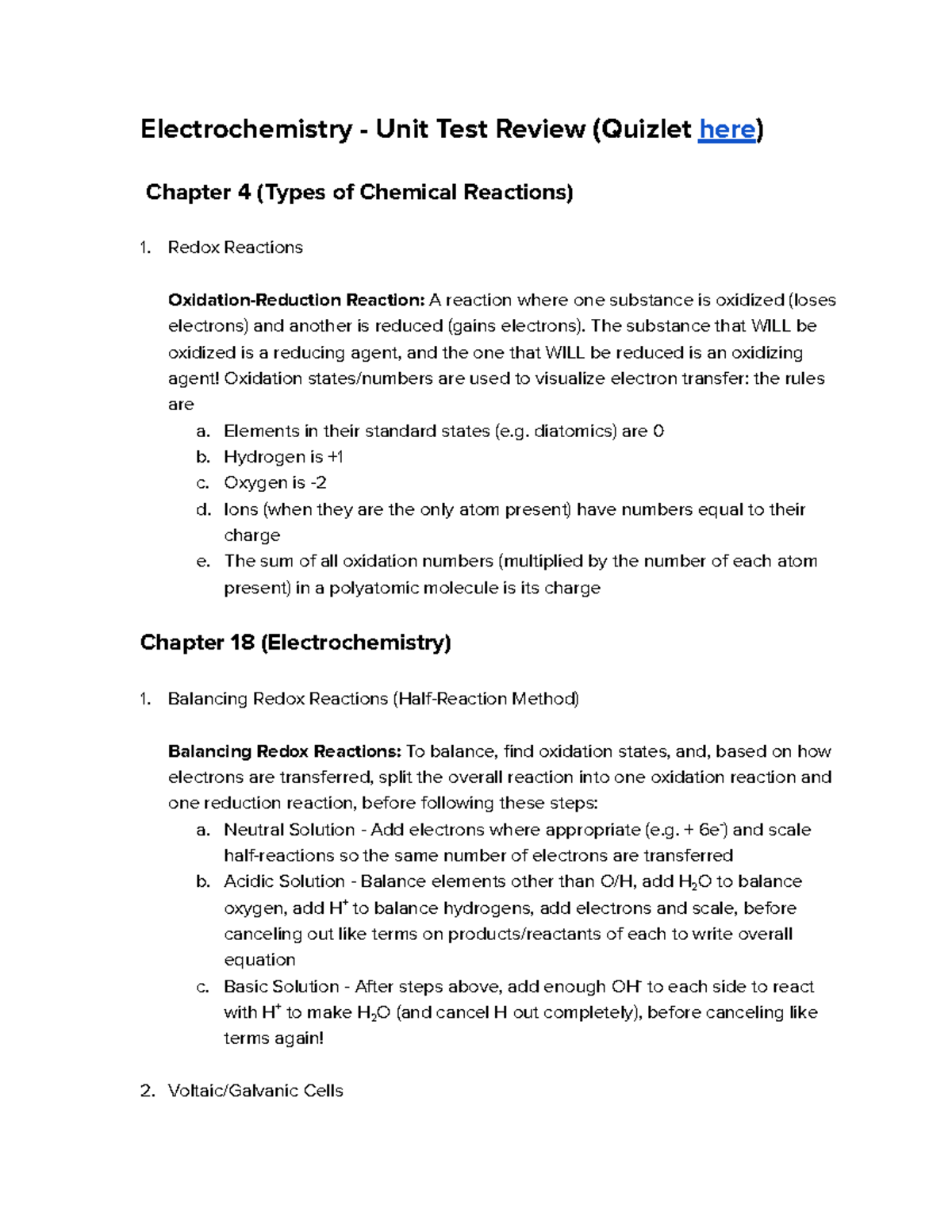 Electrochemistry - Unit Test Review (Chapters 4 & 18 Notes) - Studocu