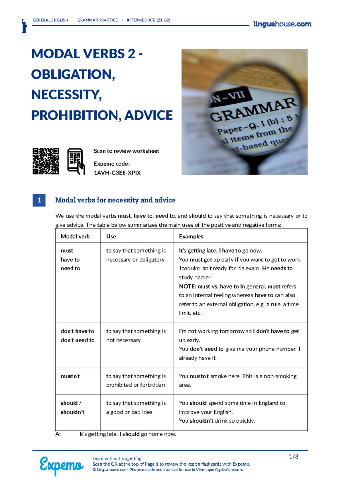 Modal Verbs 2: Obligation & Advice - Grammar Practice (B1-B2) - Studocu