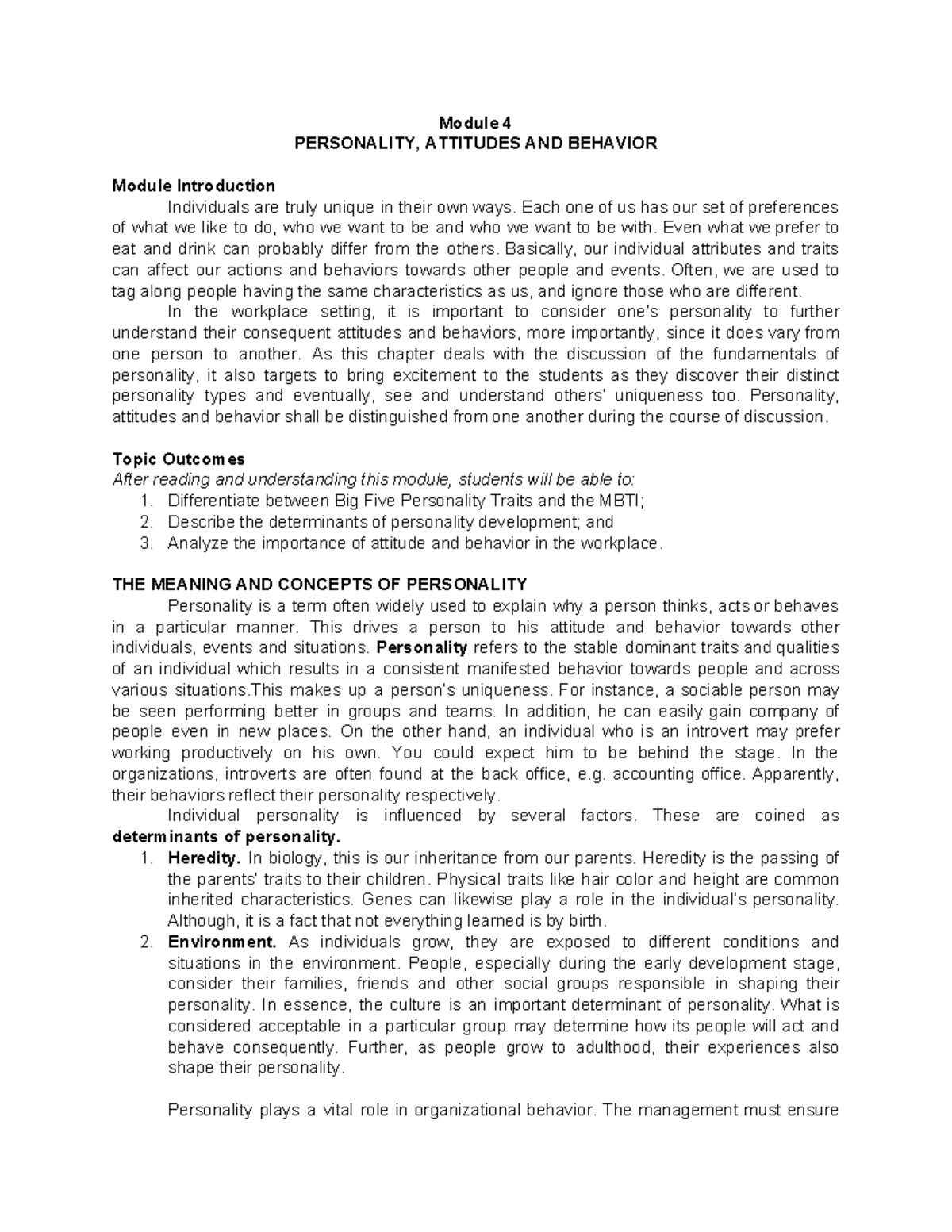 Chapter 4 Personality, Attitudes and Behavior - Module 4 PERSONALITY ...