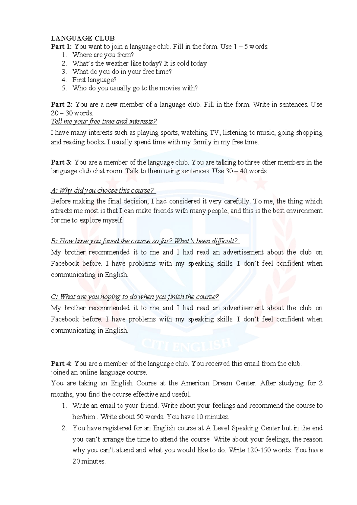 LANGUAGE CLUB - English Course Participation Guide - Studocu