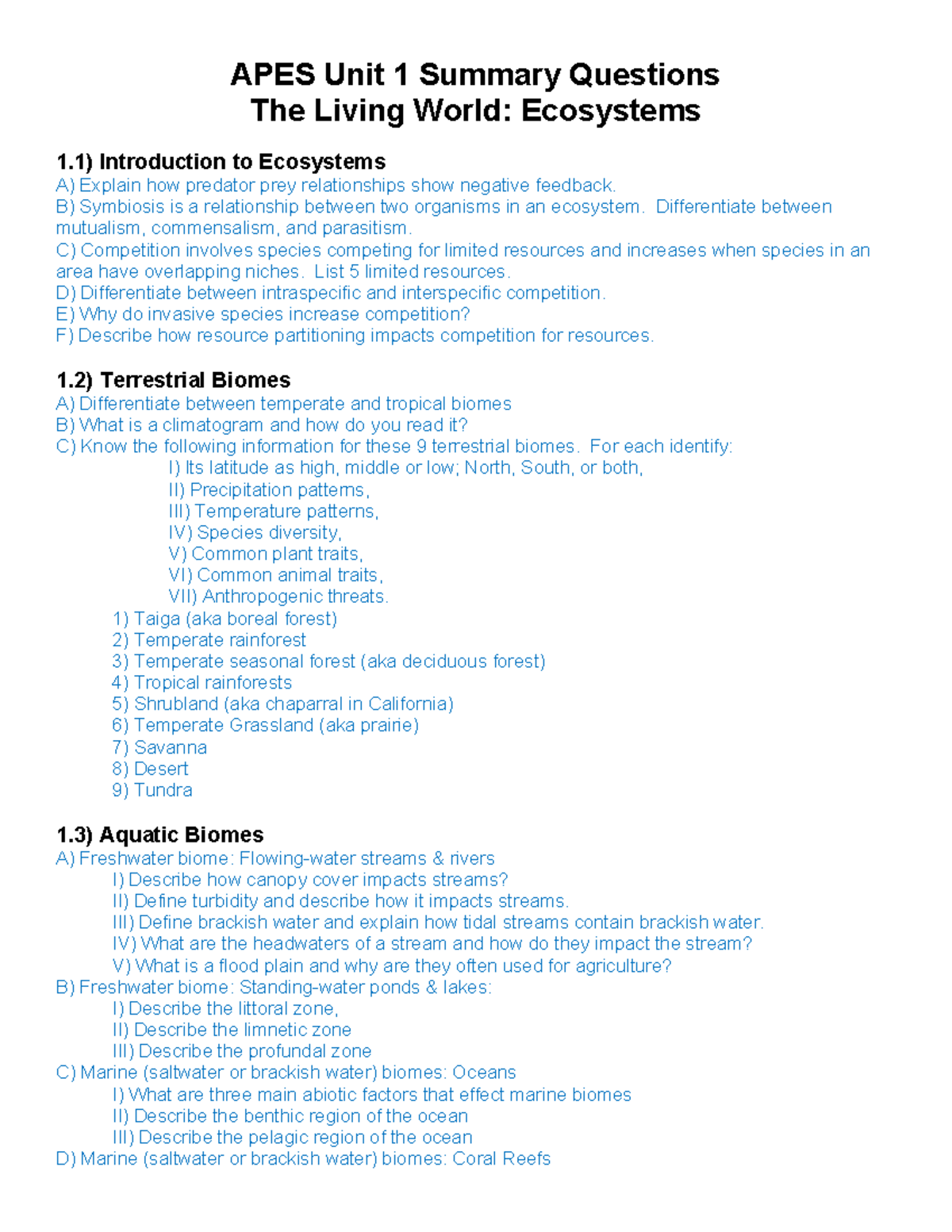 Unit 1 Summary questions - APES Unit 1 Summary Questions The Living ...