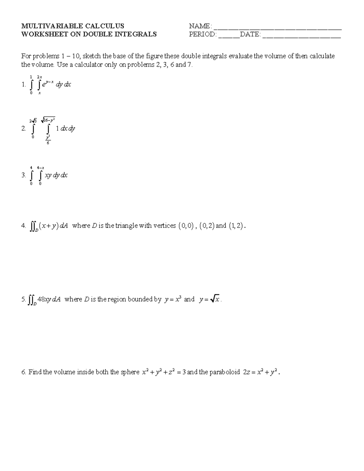 MULTIVARIABLE CALCULUS WS: Double Integrals Practice - Studocu