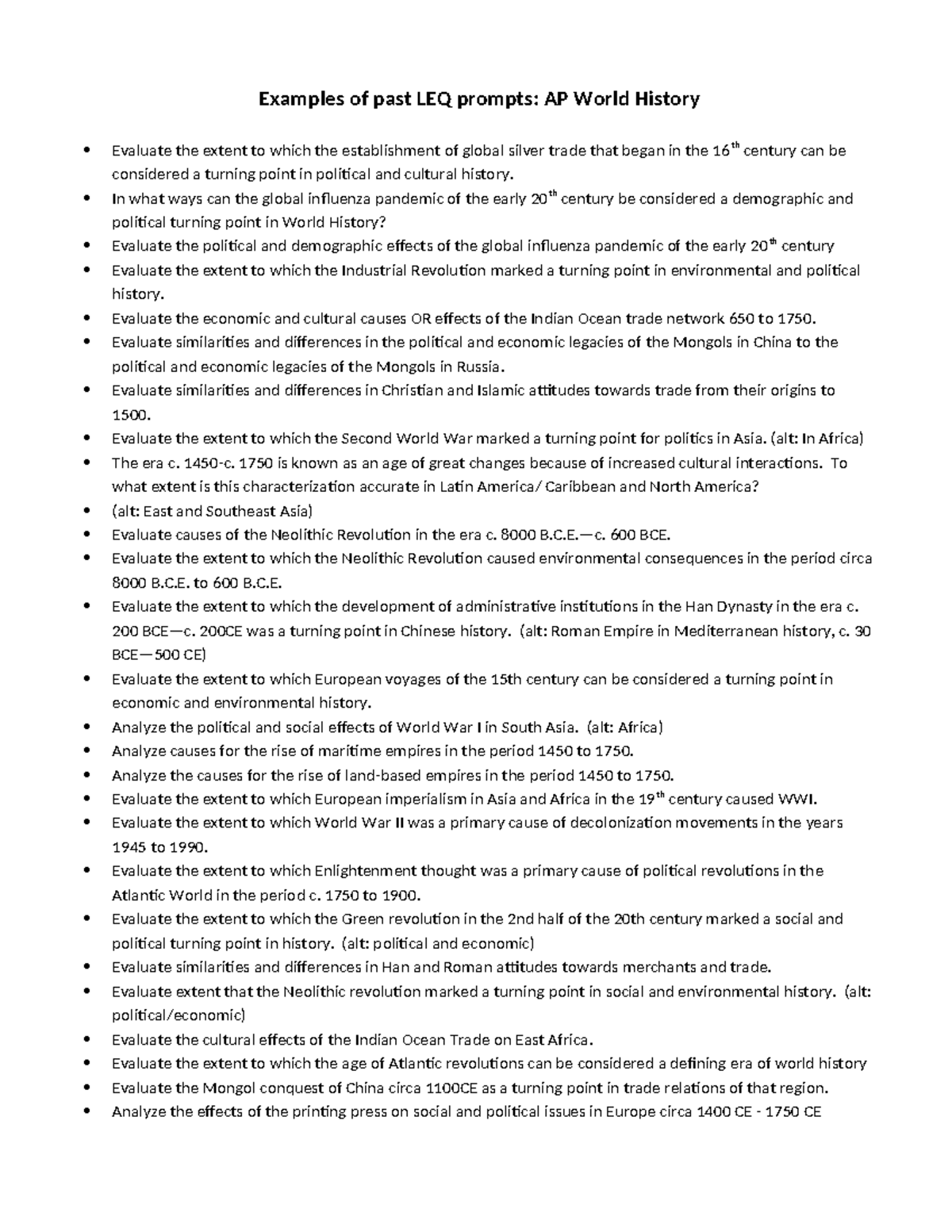 AP World History LEQ Prompt Examples and Analysis (Past Assessments ...