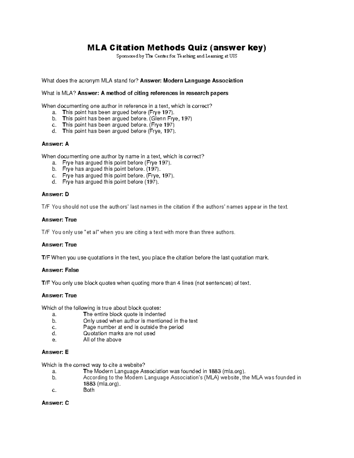 MLA Citation Methods Answer Keys - MLA Citation Methods Quiz (answer ...