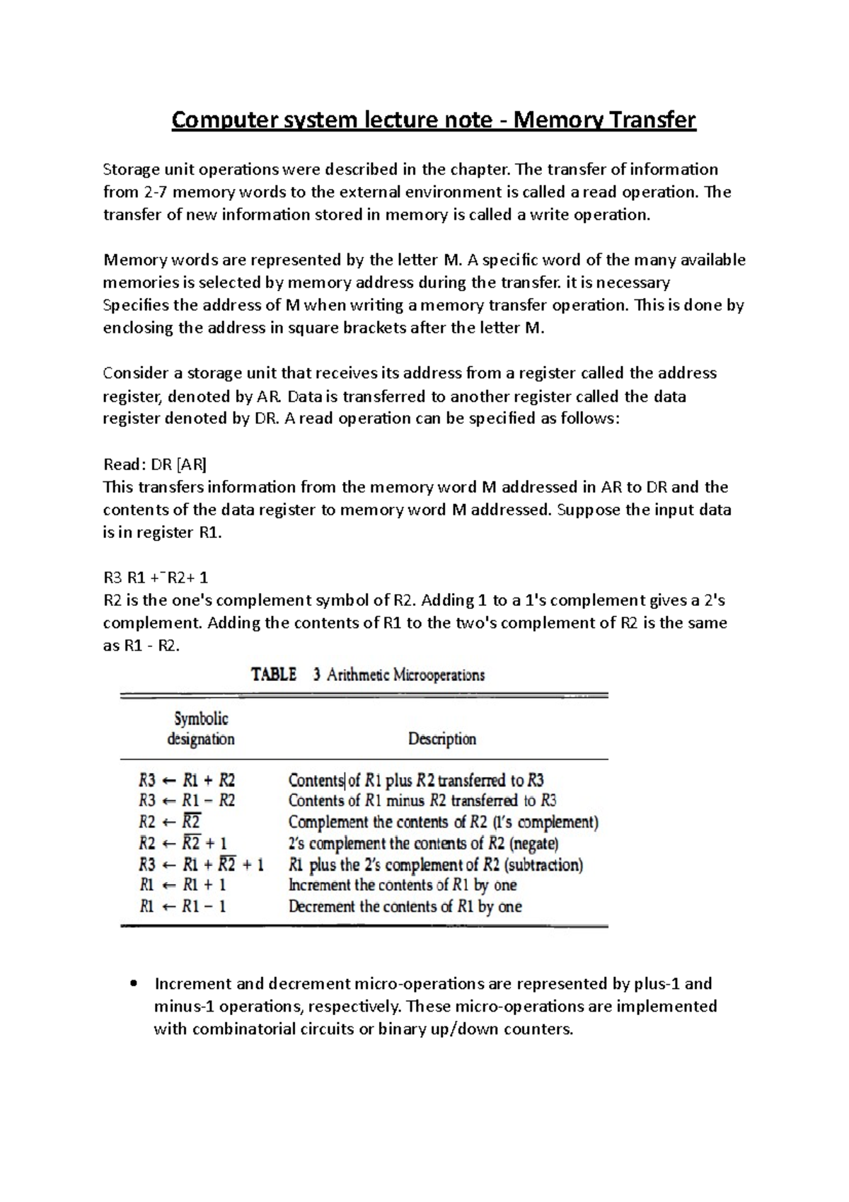 Computer system lecture note - Memory Transfer - The transfer of information from 2-7 memory ...