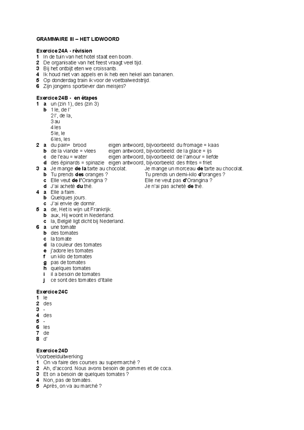 Grammaire III – Unité 5: Het Lidwoord Oefeningen en Voorbeelden ...