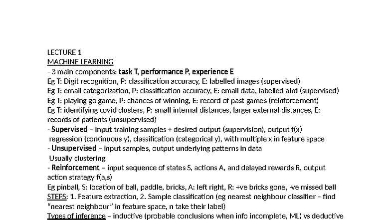 MACHINE LEARNING LECTURE NOTES: Midterm Review (ML 101) - Studocu
