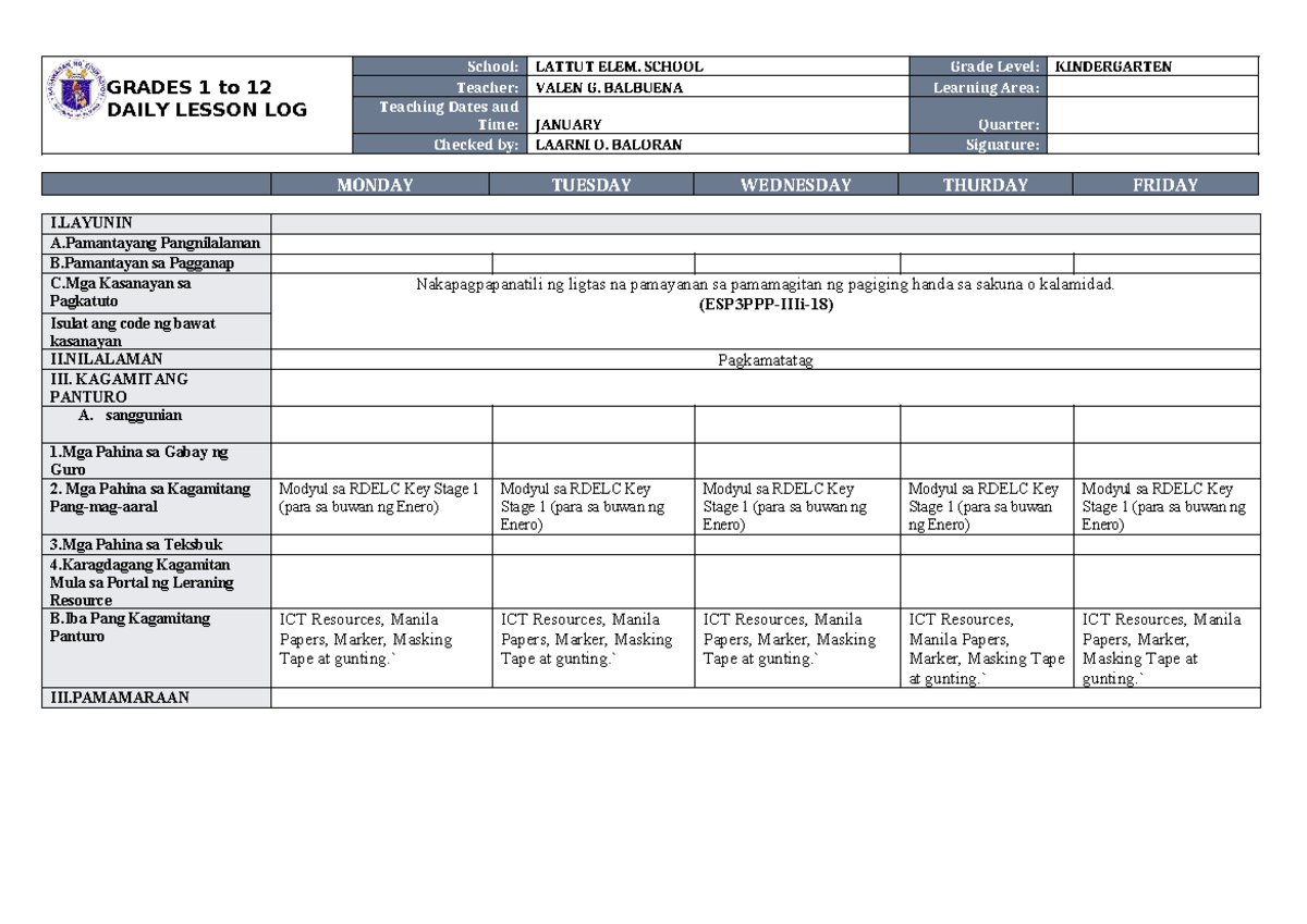 RDELC Key Stage 1 Daily Lesson Log for January - Studocu