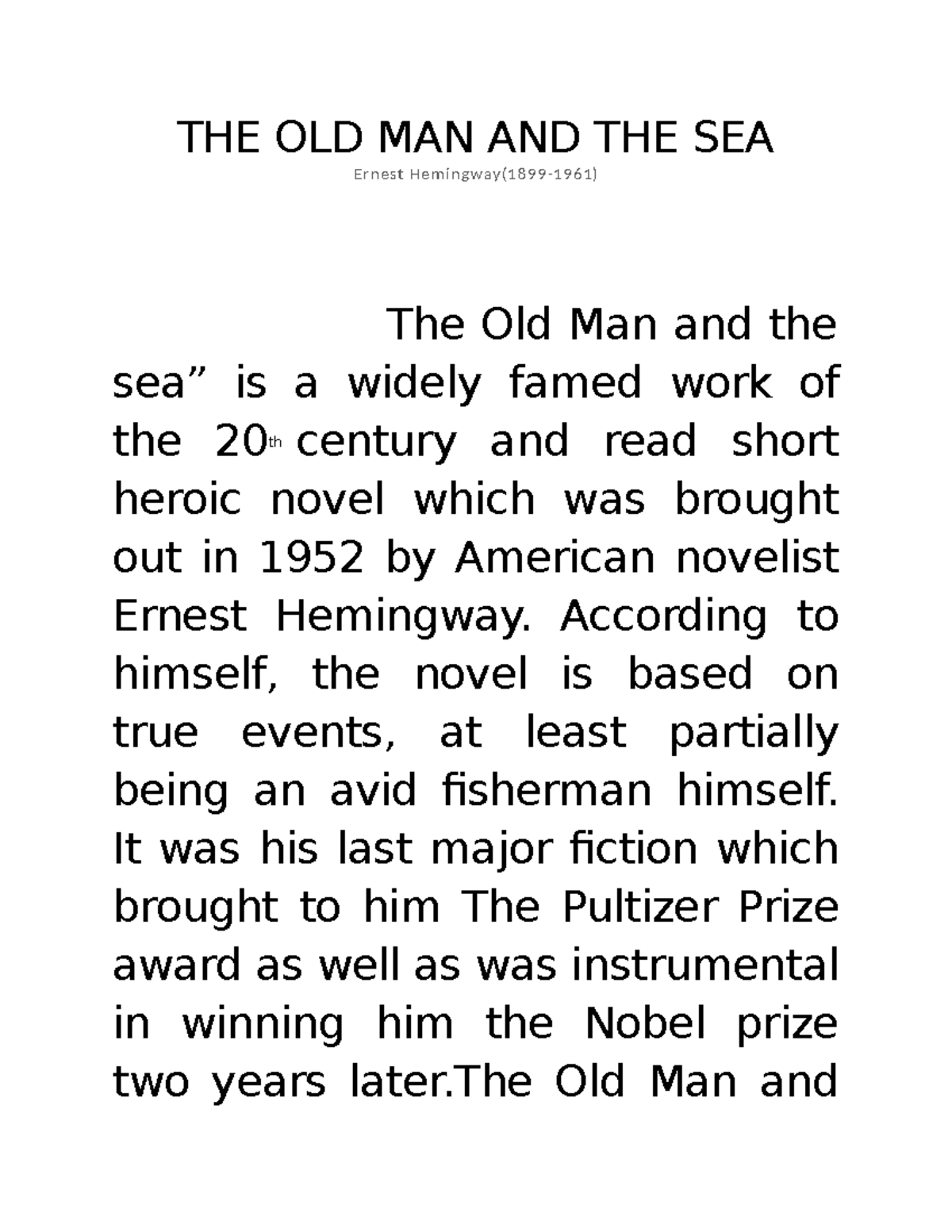 Hemingway's The Old Man and The Sea: A Study Analysis - Studocu