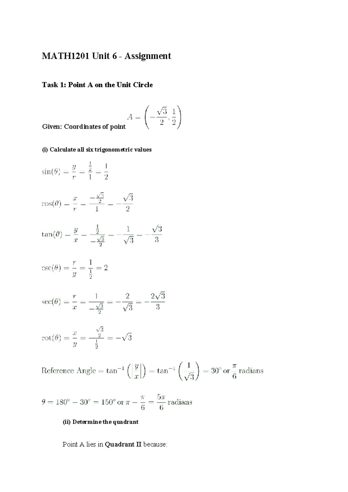 MATH1201 Unit 6 Assignment: Trigonometric Functions & Graphs Analysis ...