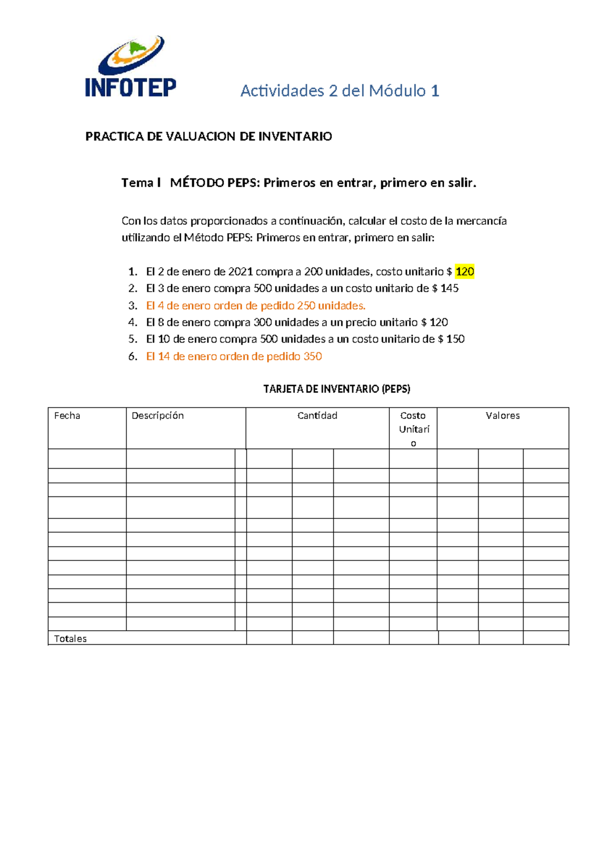 Actividades 2 del Módulo 1: Método PEPS en Valuación de Inventarios ...