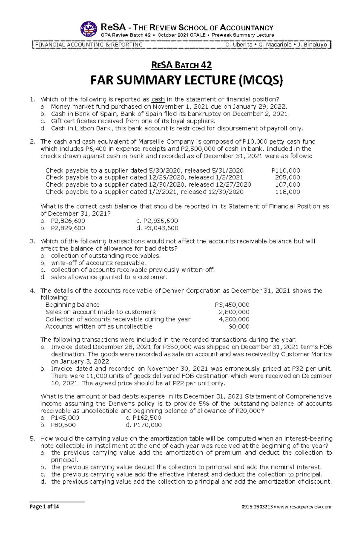 FAR Preweek Lecture Summary for CPA Batch 42 - October 2021 - Studocu