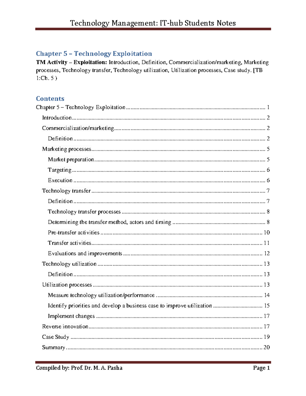 Technology Management TM: Chapter 5 Notes on Technology Exploitation ...
