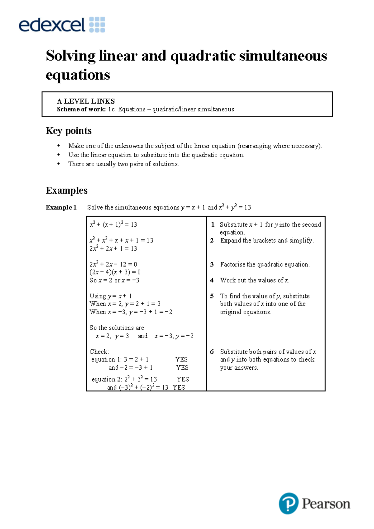1c-2 Solving Linear & Quadratic Simultaneous Equations - Studocu