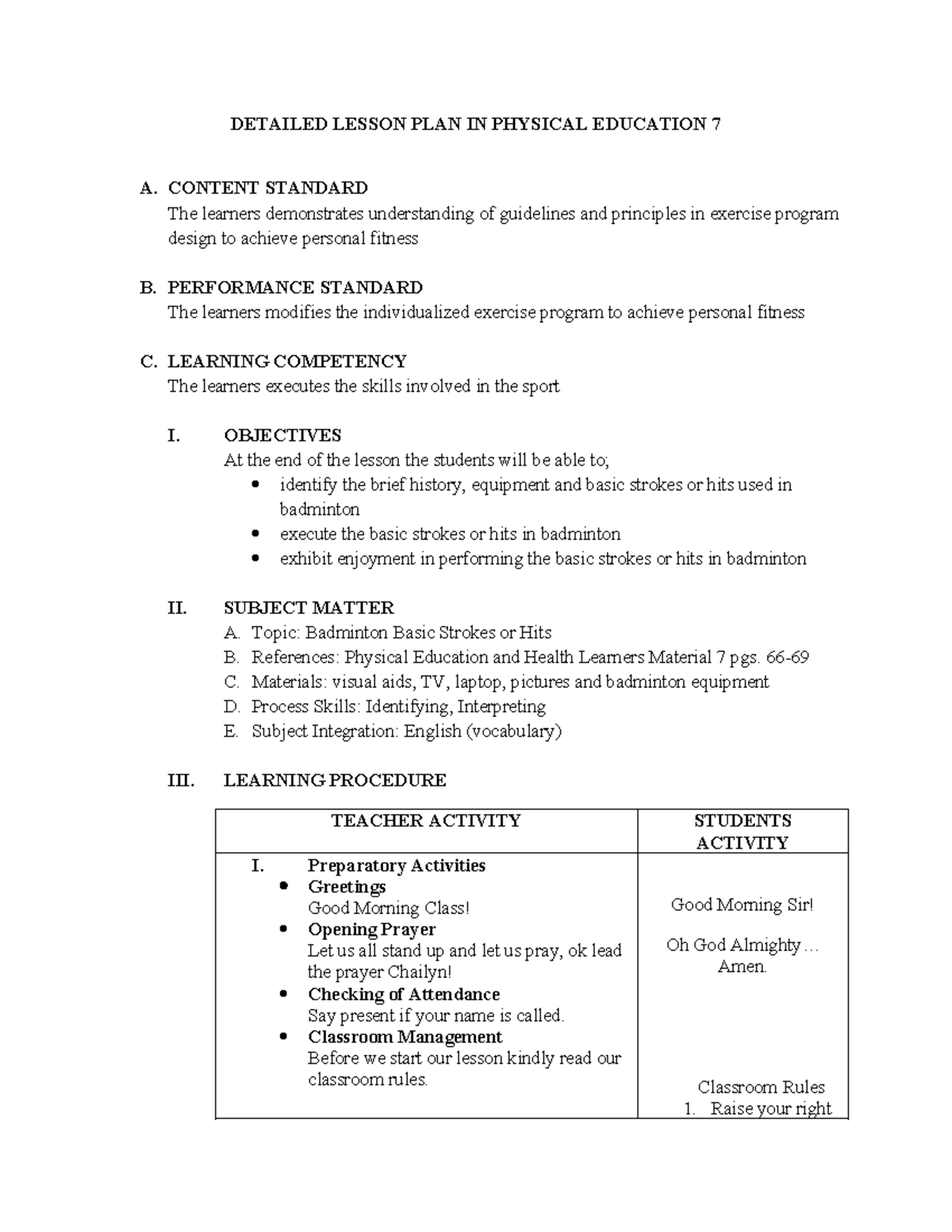 Detailed Lesson PLAN IN Physical Education 7 - DETAILED LESSON PLAN IN ...