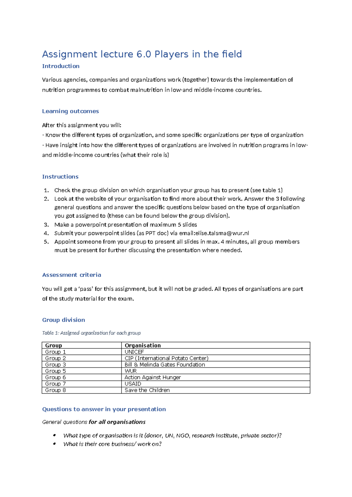 L6.0 Assignment: Players in the Field of Nutrition Programs - Studeersnel