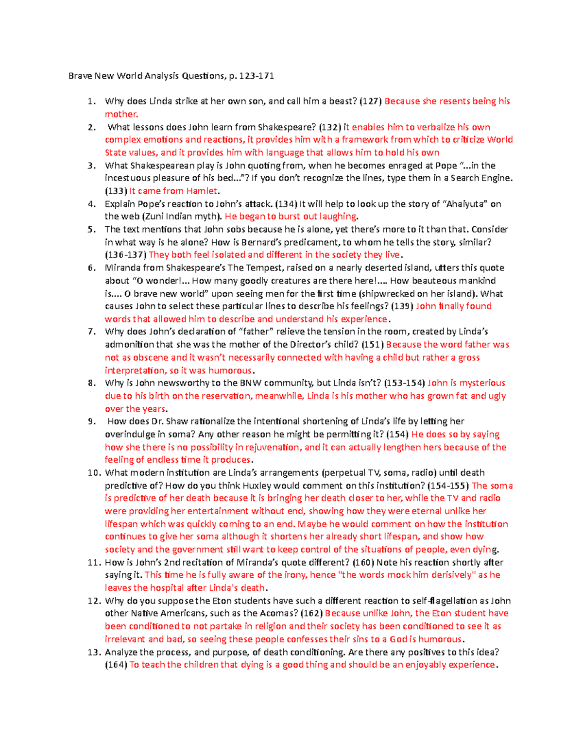 Brave New World (BNW) Analysis Questions: Chapters 9-13 Insights - Studocu