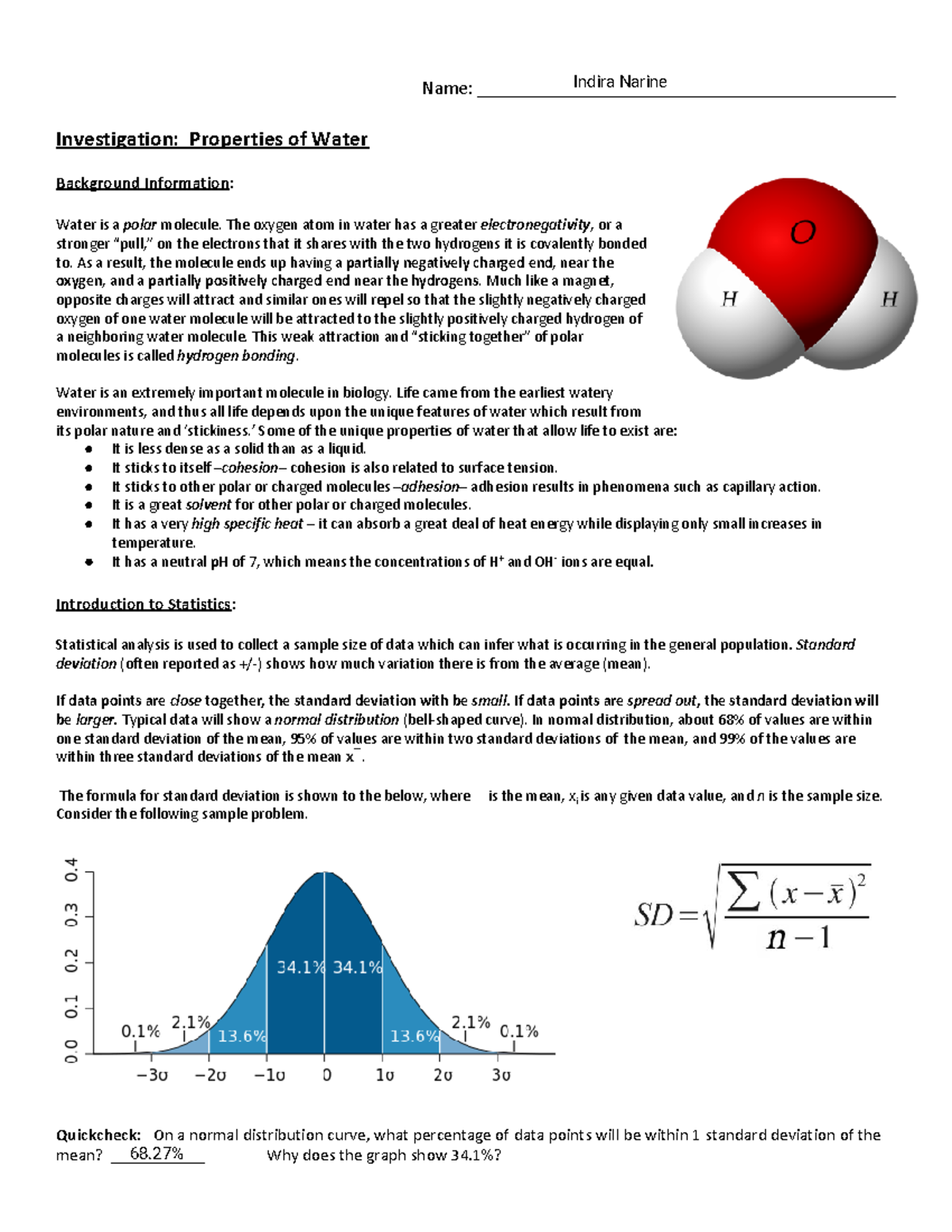 Investigation Properties of Water Lab with Stats - Name: - Studocu